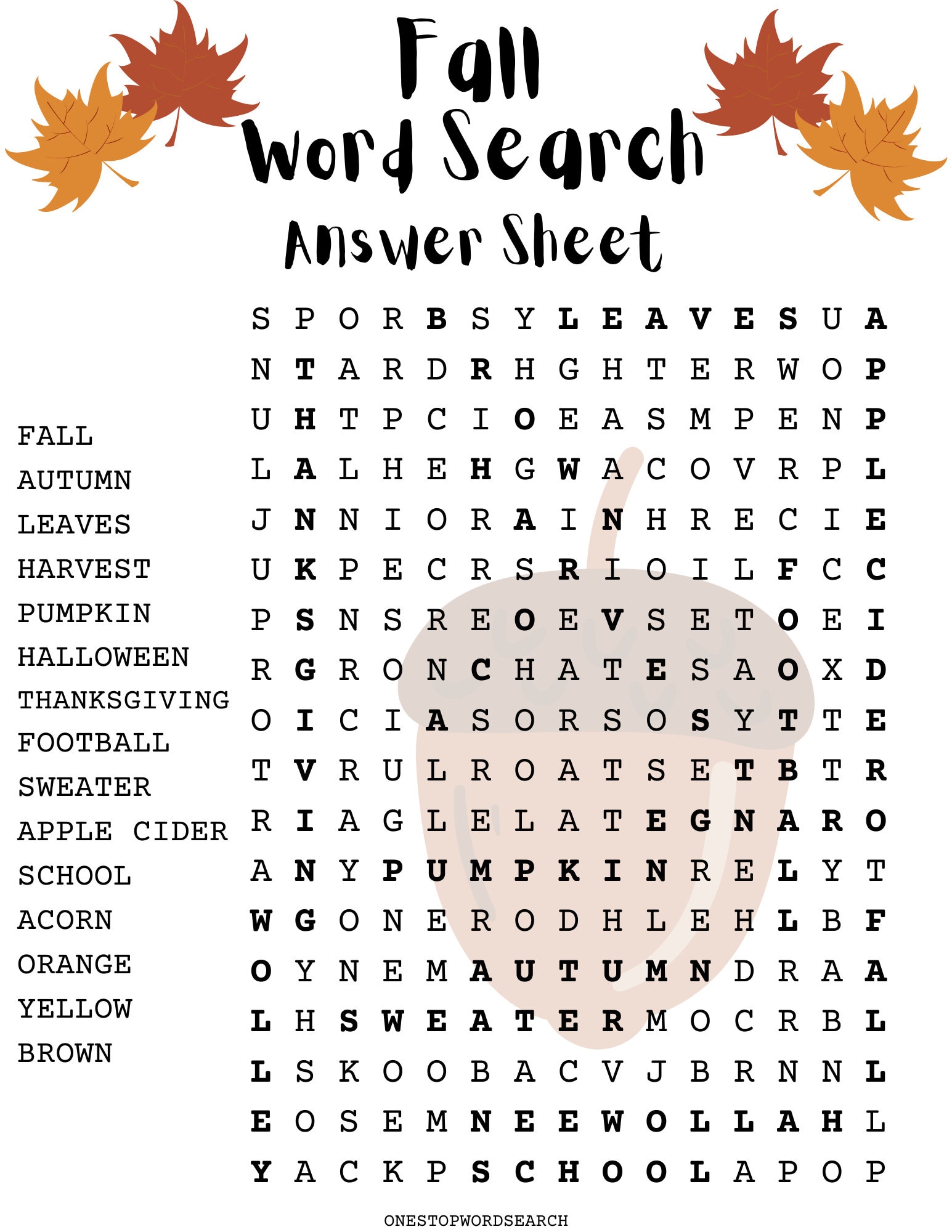 Fall Word Search Puzzle With Answer Sheet| Autumn Word Search Seasonal ...
