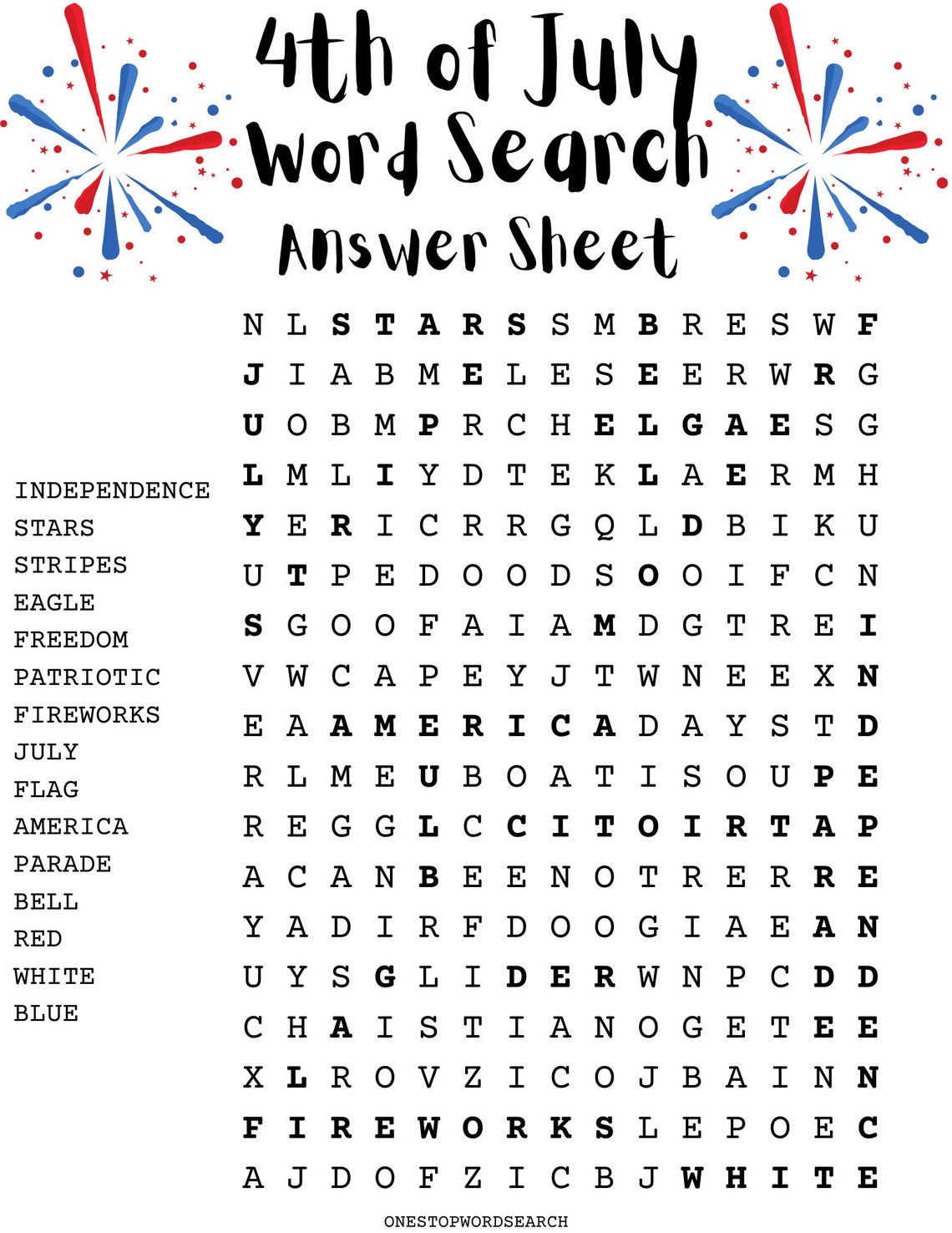 4th of July Word Search Puzzle With Answer Sheet| Fourth of July Word ...