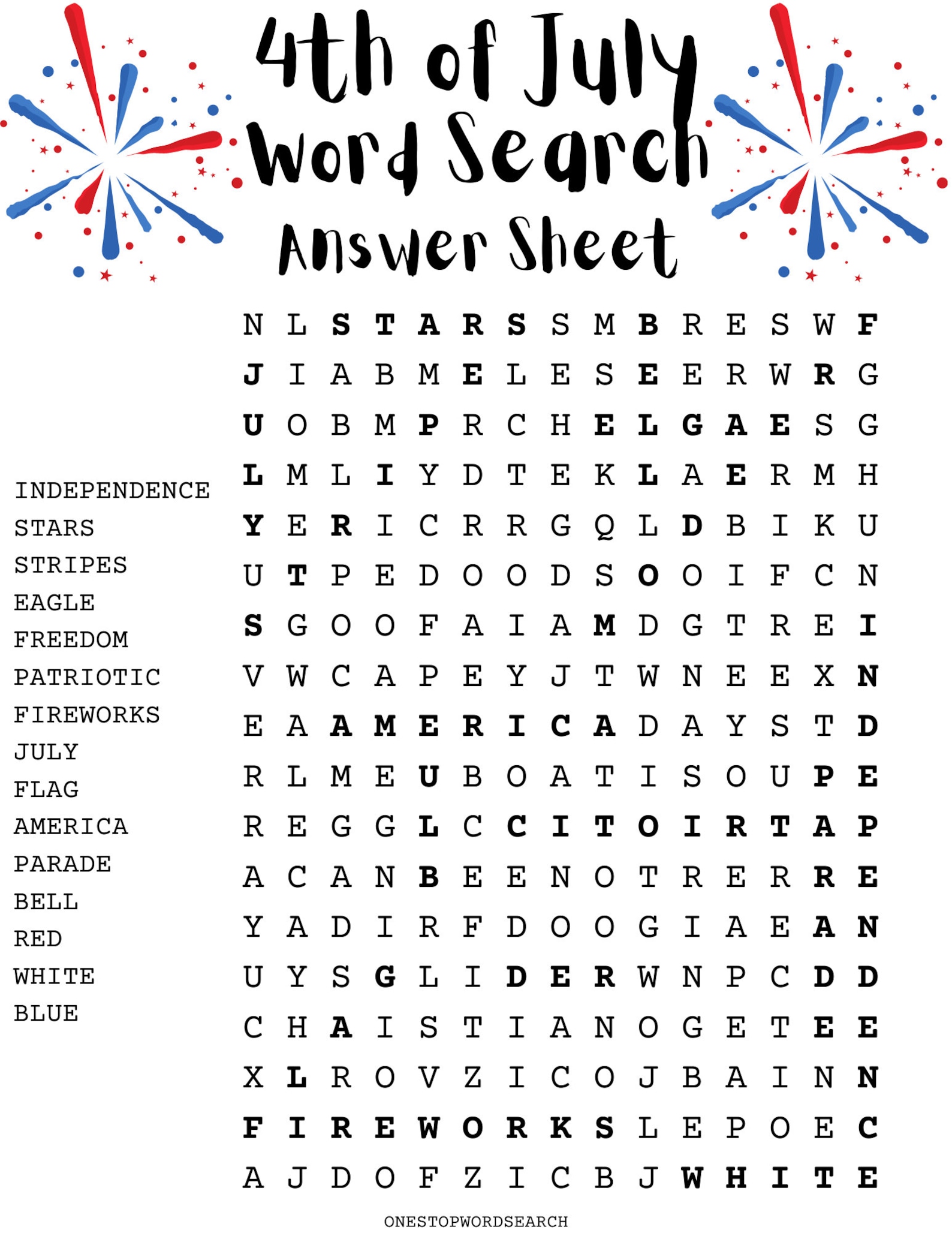 4th of July Word Search Puzzle With Answer Sheet| Fourth of July Word ...