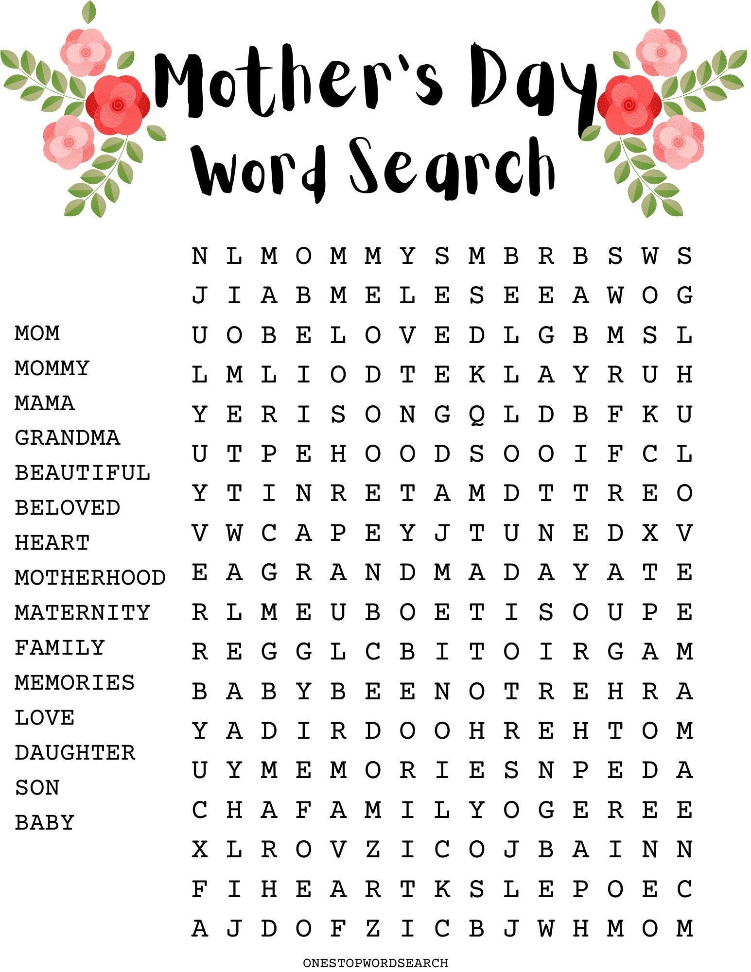 Mother's Day Word Search Puzzle With Answer Sheet| Holiday Games ...
