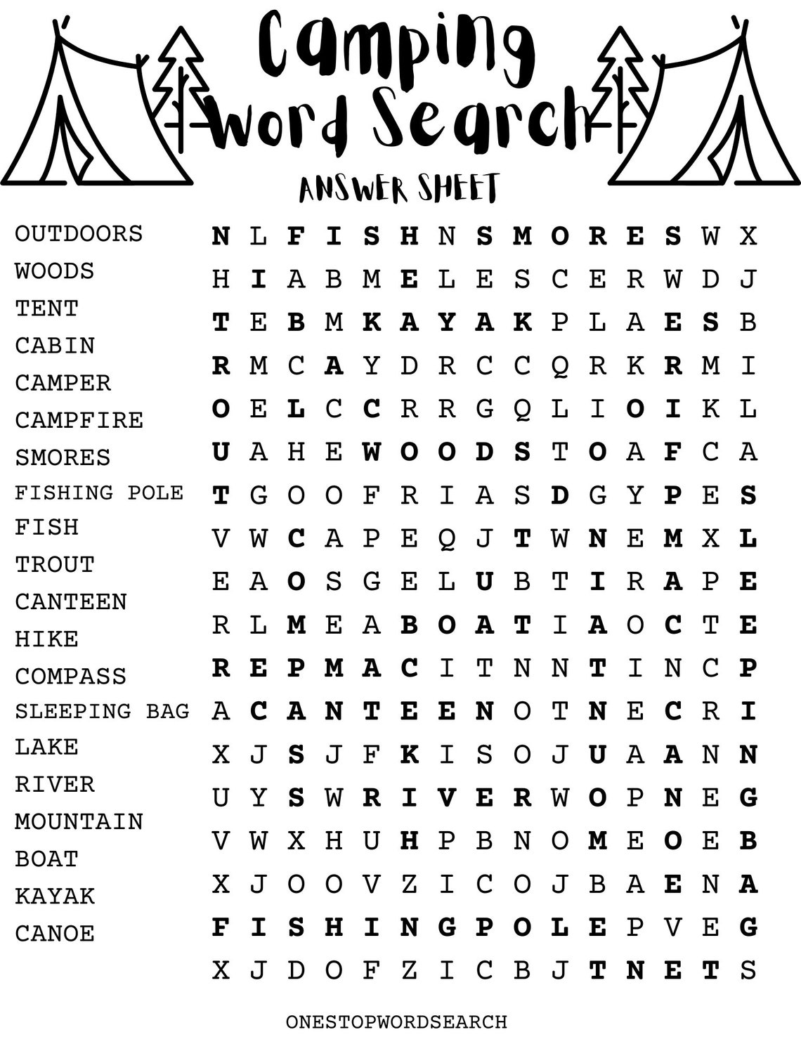 Camping Word Search Puzzle With Answer Sheet, Camping Games, Camping ...