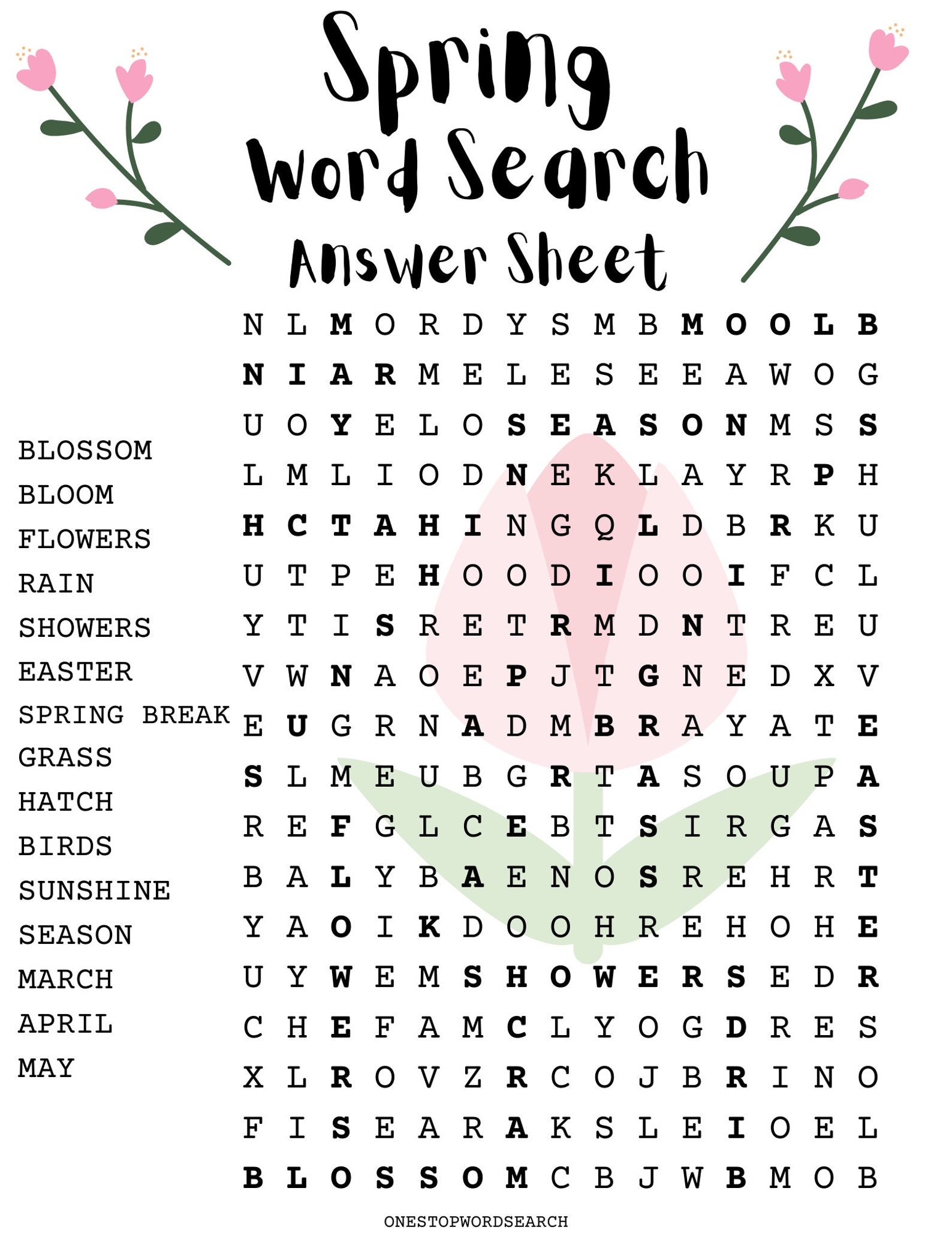 Spring Word Search Puzzle With Answer Sheet| Seasonal Games| Seasonal ...