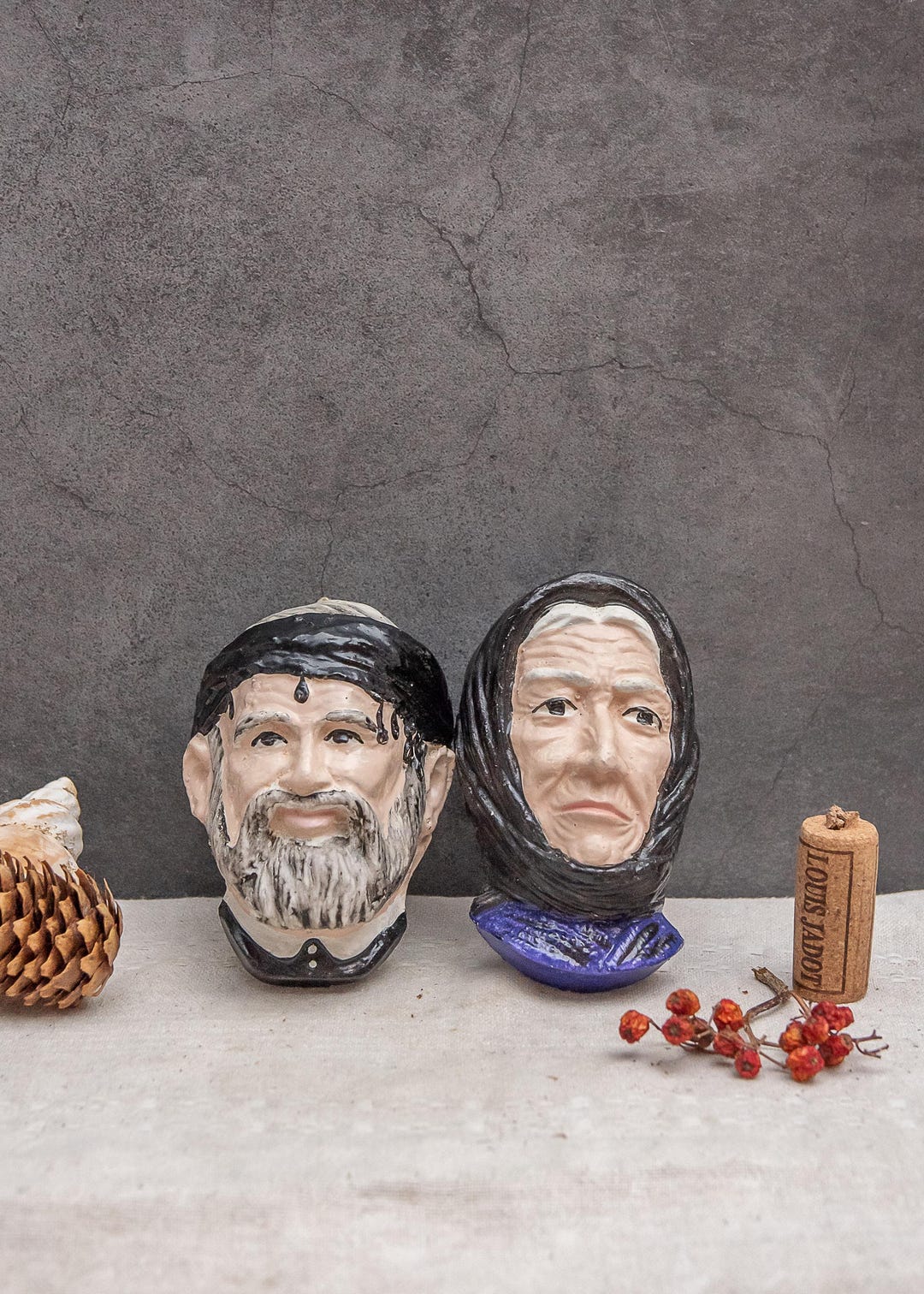 Vintage Wall Decor Plaster Chalkware Ceramic Faces Fisherman & Wife ...