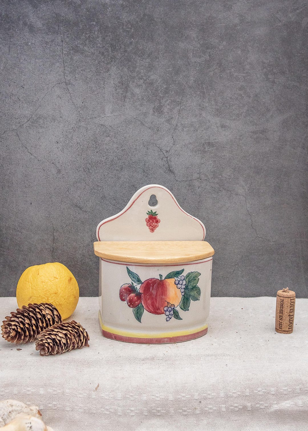 Vintage Salt Wall Pocket Container With Wood Lid Farmhouse Kitchen ...