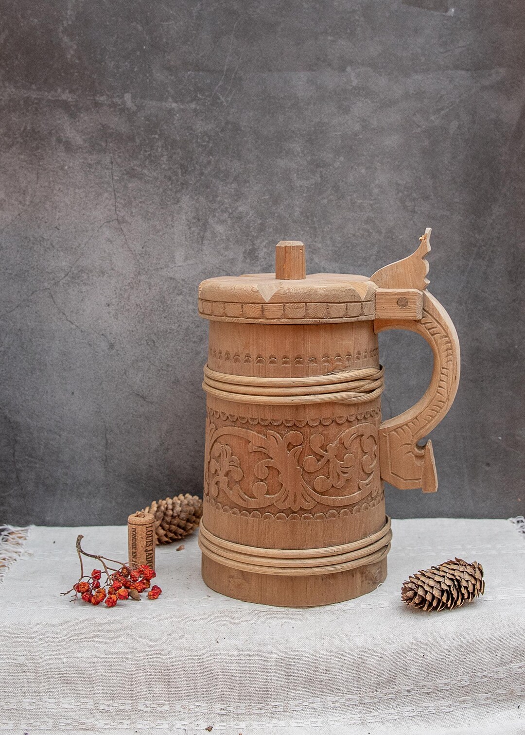 XL Vintage Beer Mug Wood Carving Handmade Chip Carved Stein Norwegian ...