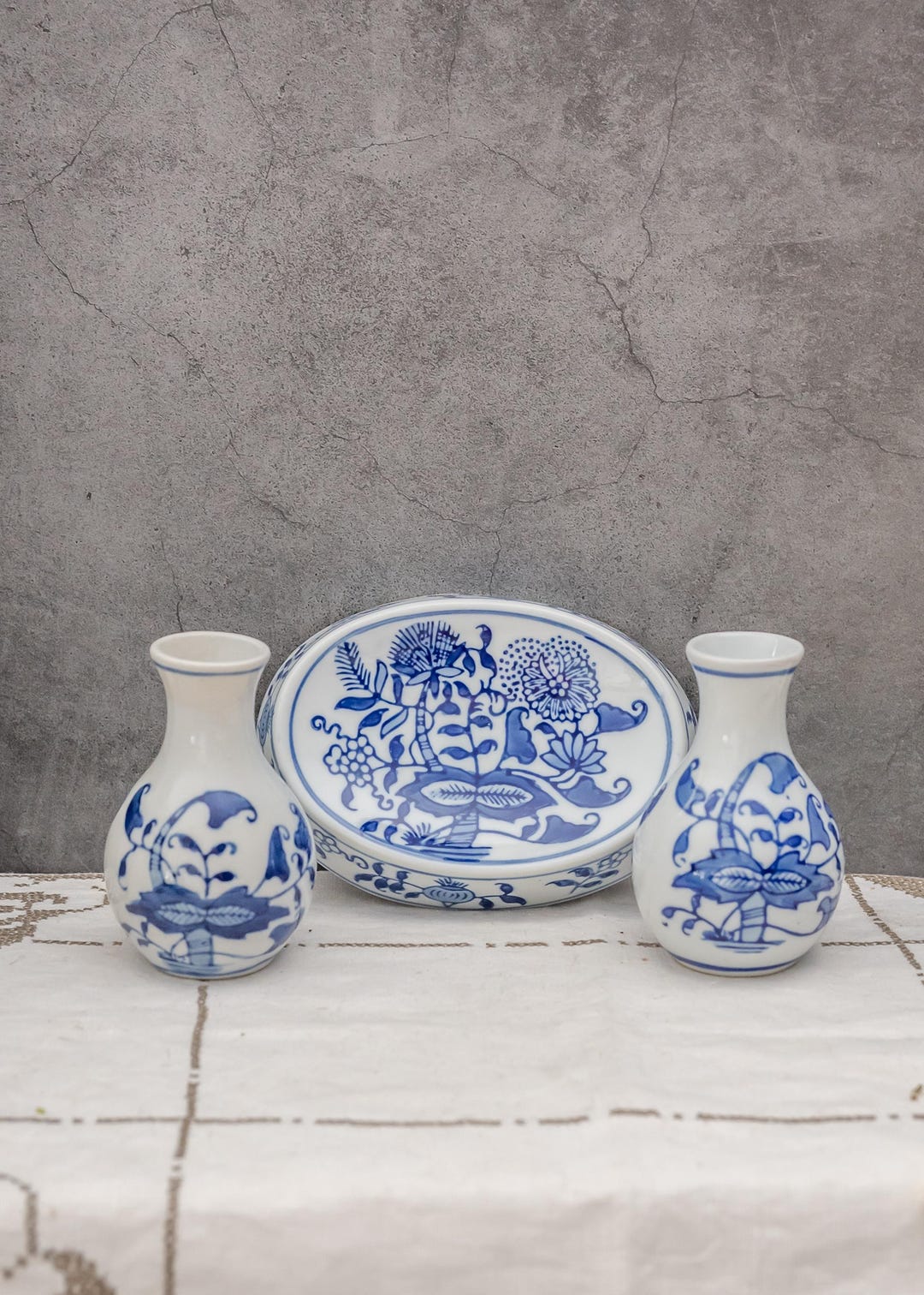 Set of 3 Vintage Delft Style Miniatures 2 Small Vases and Oval Soap ...