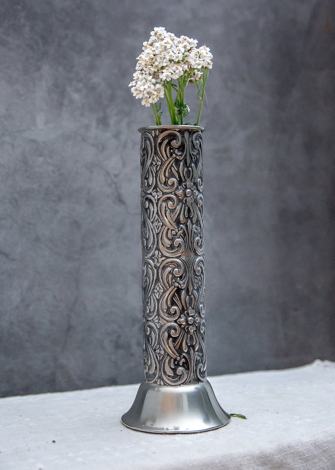 Vintage Cylinder Vase Ornate Viking Style Vase Norway Pewter Bud Vase ...