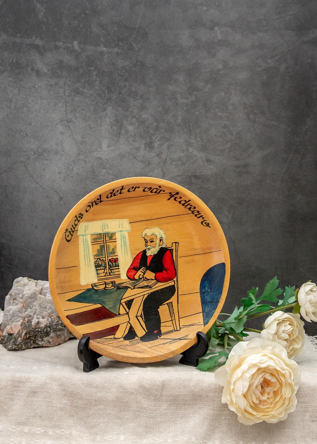 Vintage Wooden Wall Plate Naive Painting Nordic Scandinavian Folk Art ...