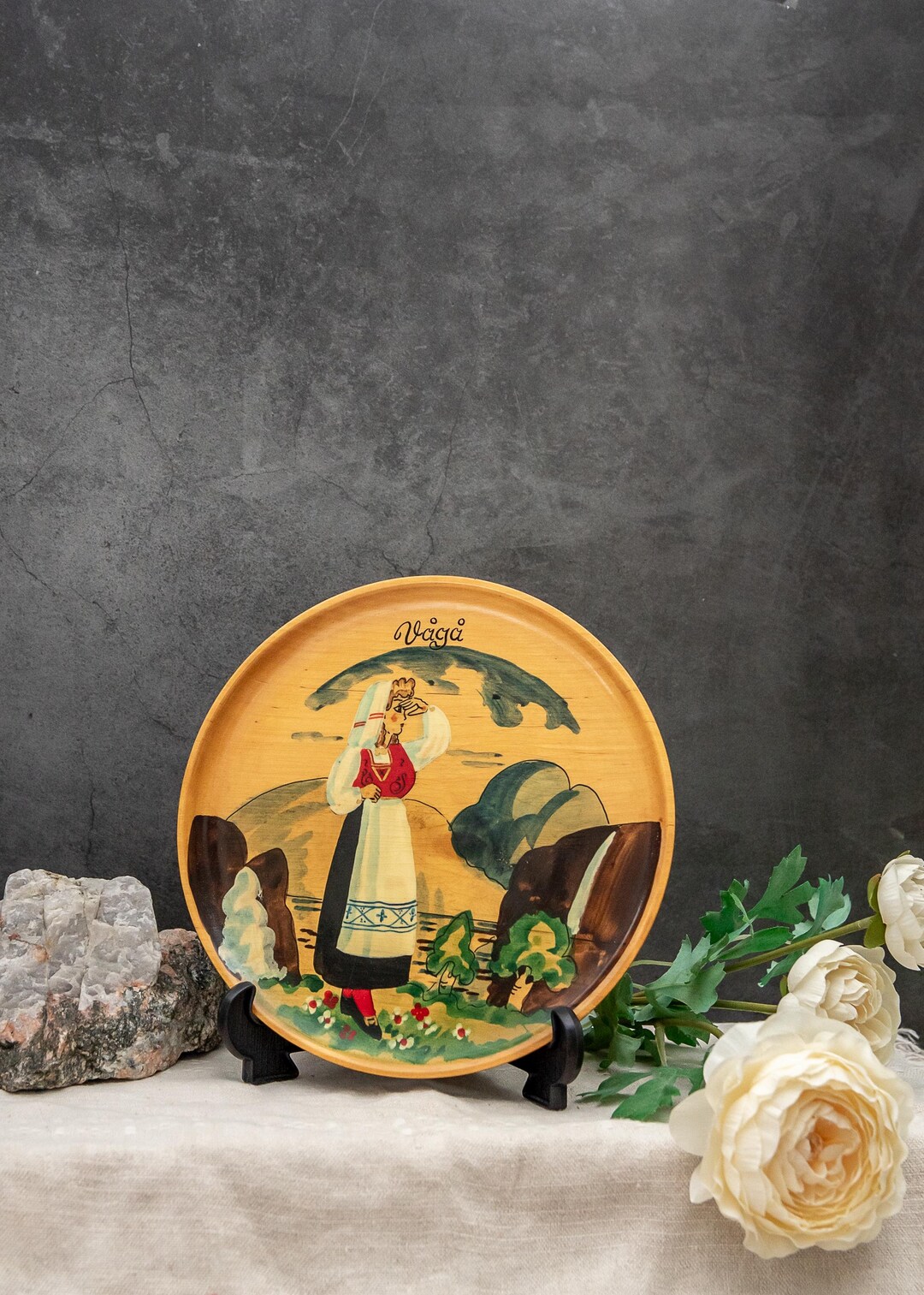 Vintage Nordic Naive Painting Wood Wall Plate: Scandinavian Folk Art ...