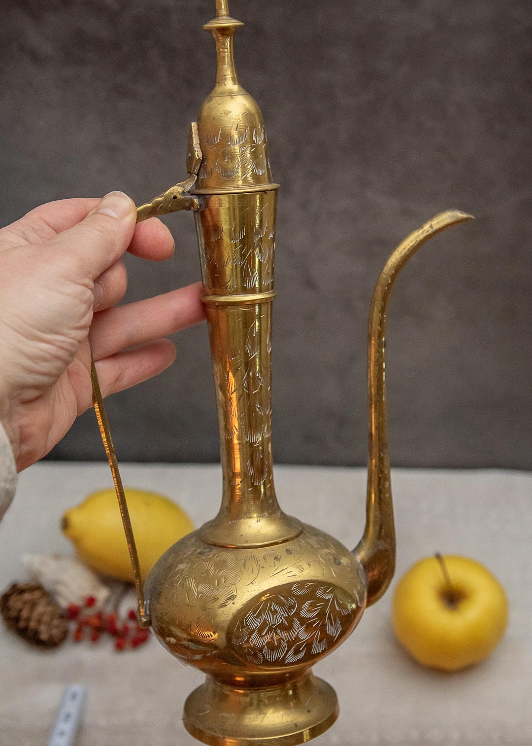 Vintage Aftaba Water Pitcher Solid Brass Etched Antique Jug Ewer Dallah ...