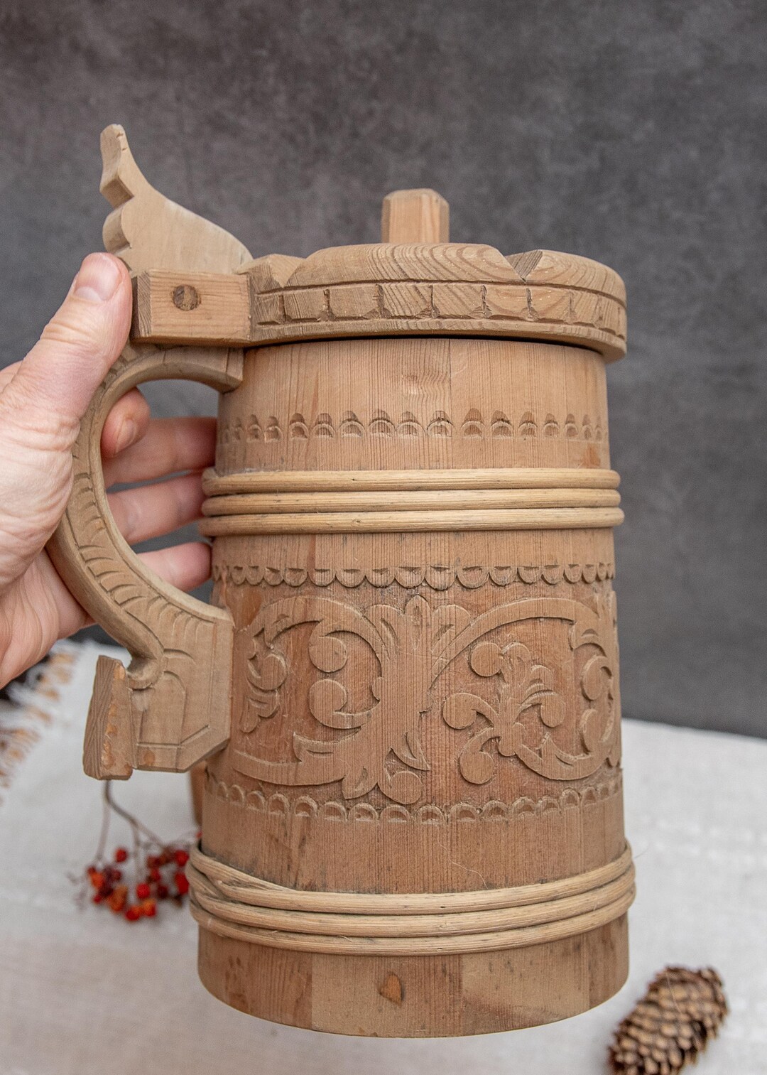 XL Vintage Ale Beer Mug Handmade Wood Carved Beer Tankard Norwegian ...