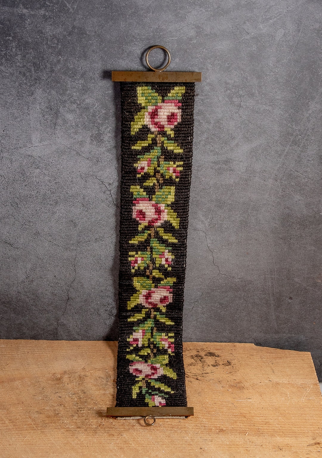 Vintage Small Needlepoint Bell Pull Wall Hanging Brass Hardware Rose ...
