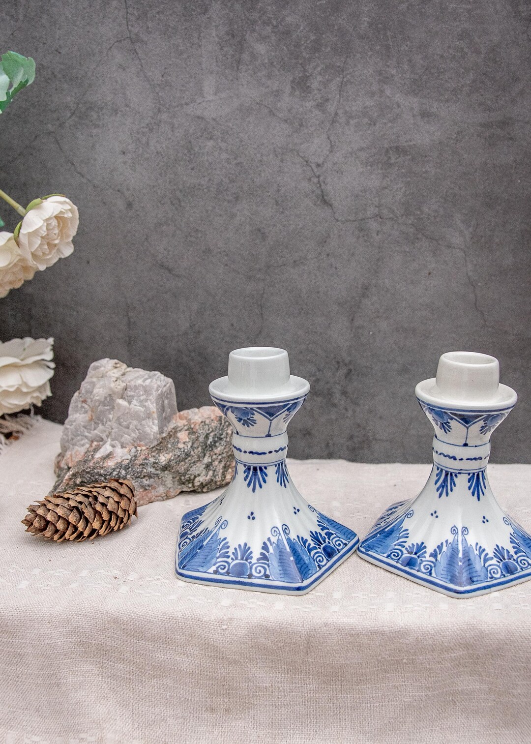 Vintage Pair Candlestick Dutch Royal Delft Blue Candle Holder Blue ...