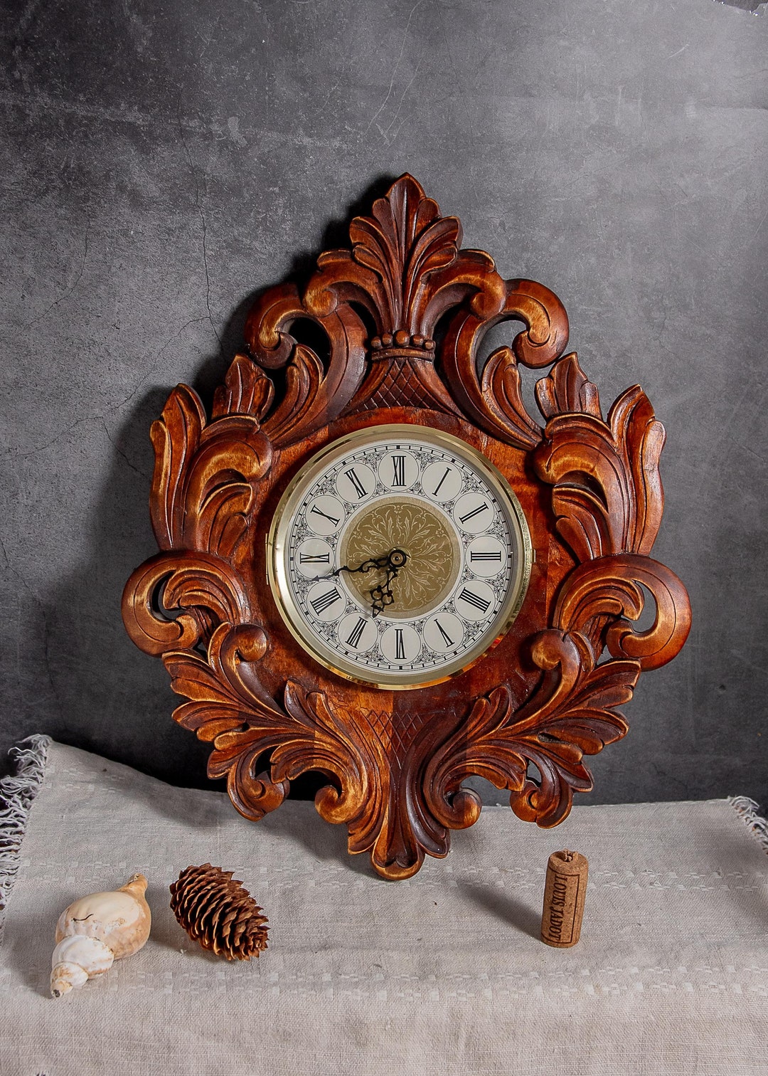 Vintage Wall Clock Large Handmade Wood Wall Clock Norwegian Folk Art ...