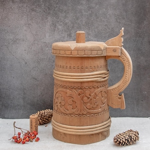 XL Vintage Ale Beer Mug Handmade Wood Carved Beer Tankard Norwegian ...