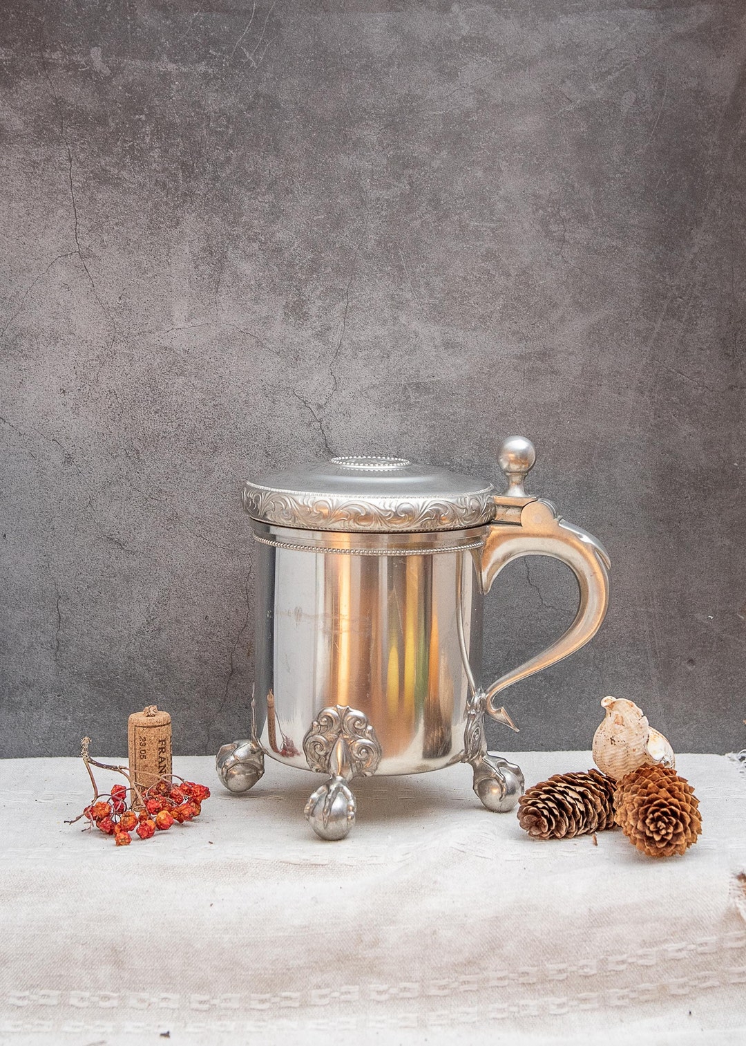 Large Vintage Tankard With Lid Norwegian Pewter Jug Beer Mug Metal ...