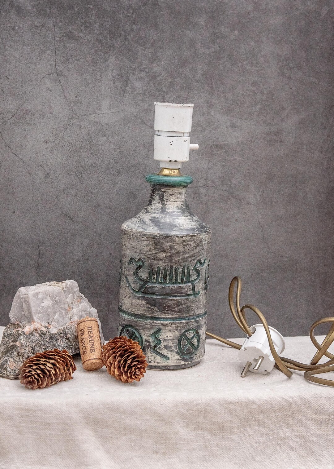 Vintage Brutalist Modern Ceramic Lamp Viking Runes Totem Symbols ...