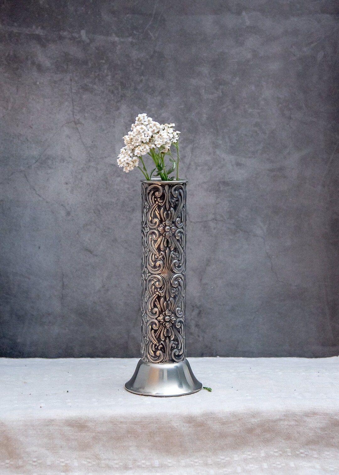 Vintage Vase Ornate Cylinder Viking Motive Norway Pewter Bud Vase ...