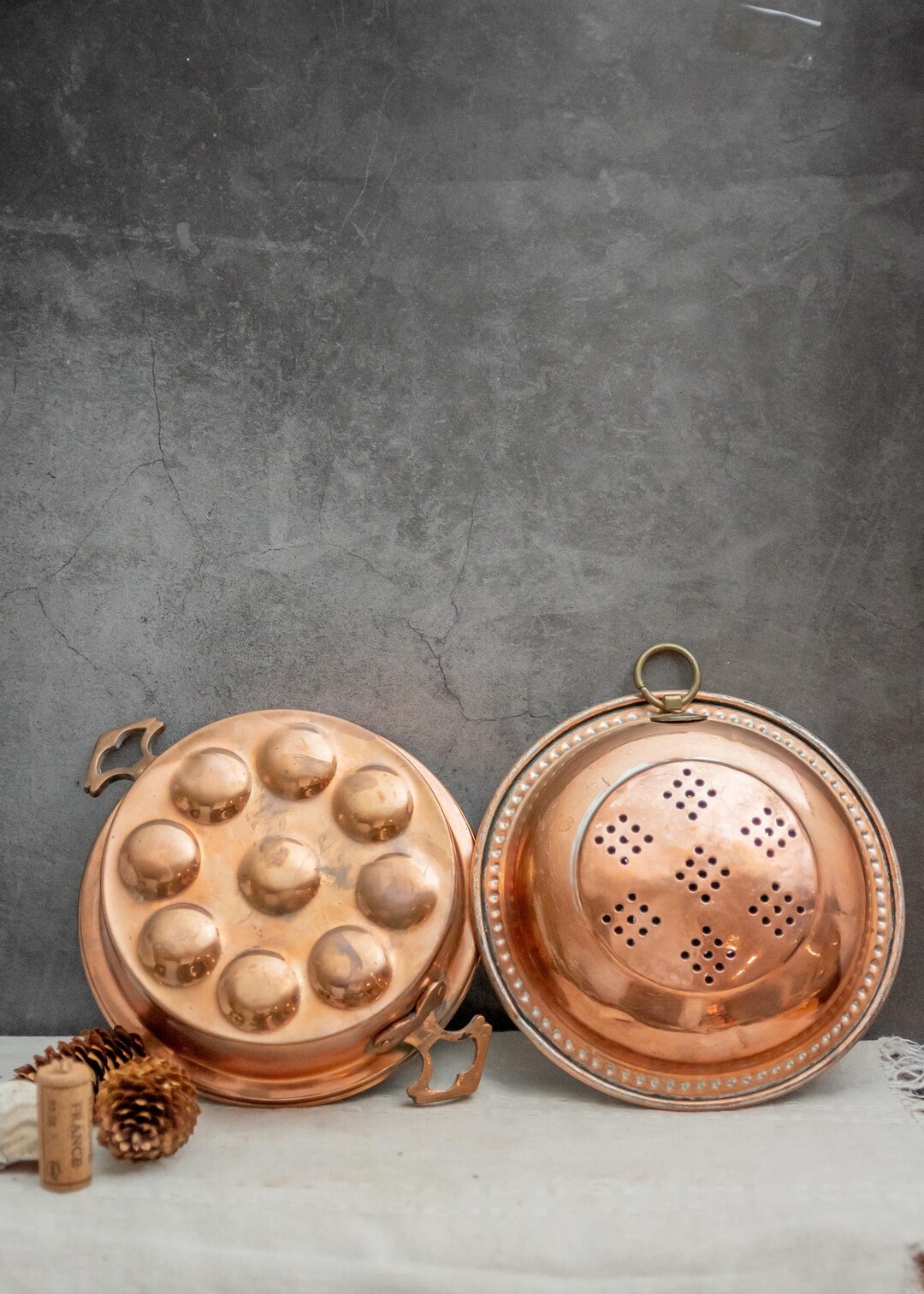 Set of 2 Vintage Egg Cooker Sieve Copper Brass Pan Poaching Pot Made in France Vintage Country ...