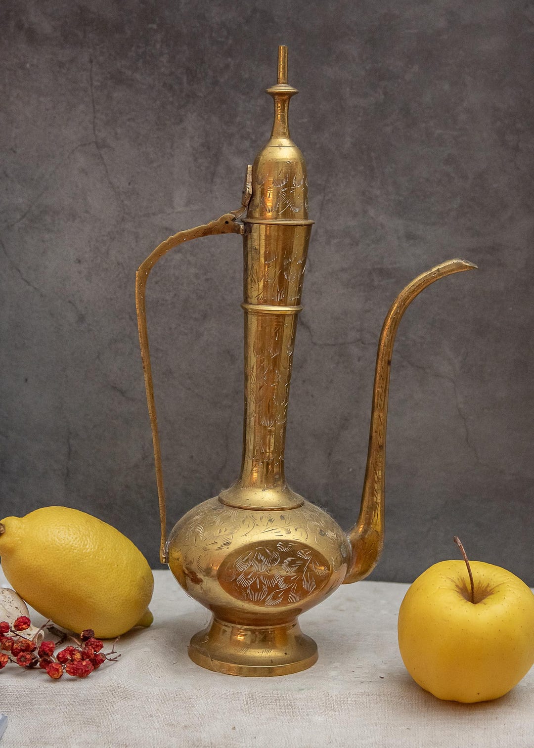 Vintage Engraved Brass Pitcher Arabic Style Aftaba Flower Watering Can ...