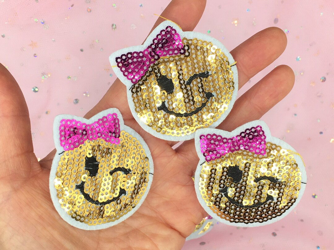 3 Pink Bow Sequined Smiley Face Iron on Applique Patch, Cute Sequins Smiley Patch for Baby ...