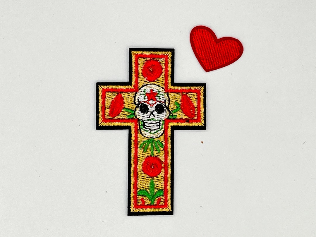 Day of the Dead Cross Crucifix Skull & Roses Goth Embroidered Iron on ...