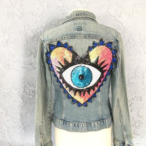 Large Sequined Evil Eye Embroidery Sew on Applique, Sequin Heart Wall ...