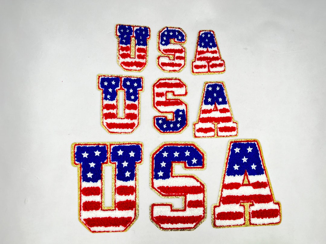 USA American Flag Pattern Chenille Iron on Letter Patches With Silver Glitter | Patriotic | 4th ...
