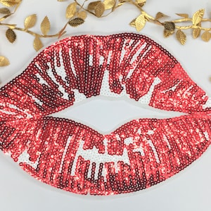 Sequin Red Luscious Lips Iron-on Applique Patch, Red Plump Lips Trendy Patch for Clothing or ...