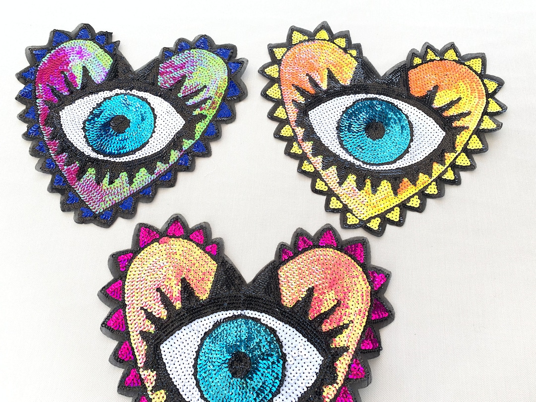 Large Sequined Evil Eye Embroidery Sew on Applique, Sequin Heart Wall ...
