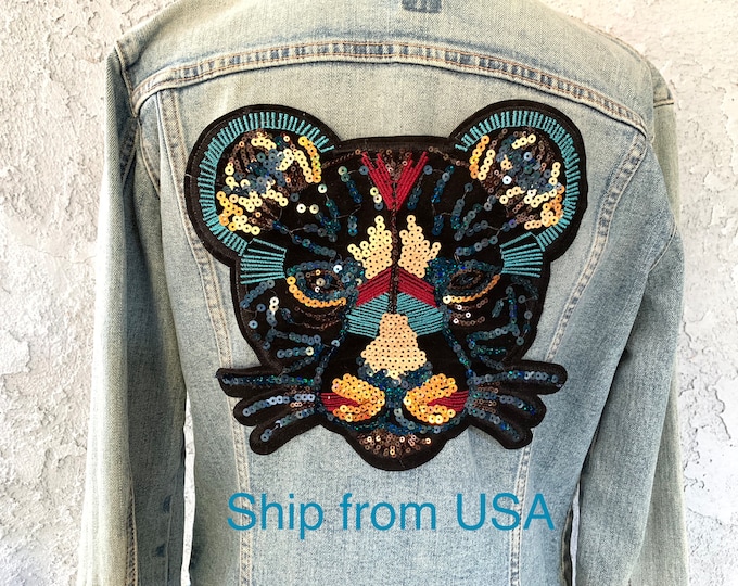 Large Leopard Head Sequin Sew on Patch Back Patch Metallic Applique Sequined Embroidery Motif ...