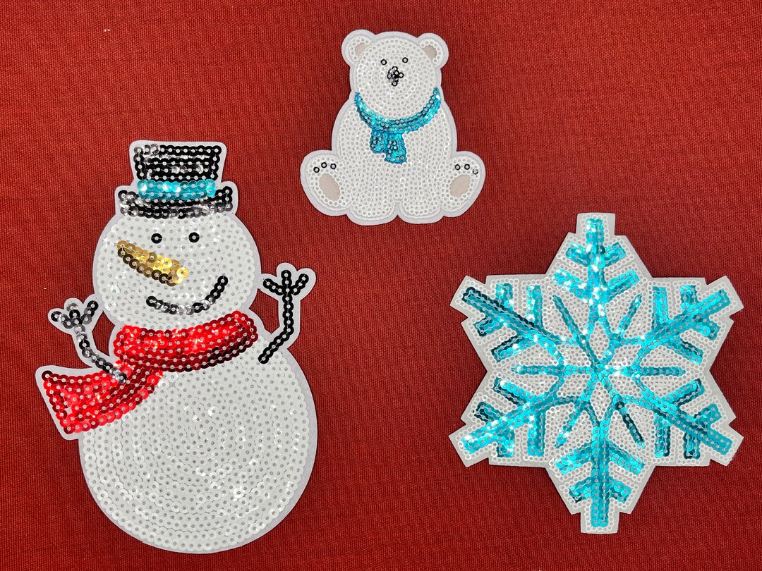 Sequin Snowman Polar Bear Icy Blue Snowflake Iron-on Patch Sequin Christmas Theme Iron-on ...