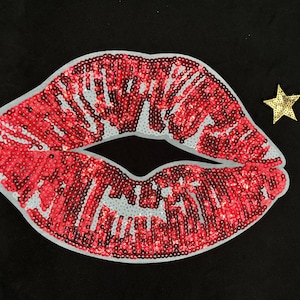 Sequin Red Luscious Lips Iron-on Applique Patch, Red Plump Lips Trendy Patch for Clothing or ...