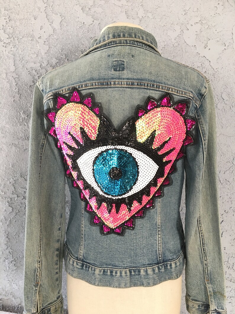 Large Sequined Evil Eye Embroidery Sew on Applique, Sequin Heart Wall ...