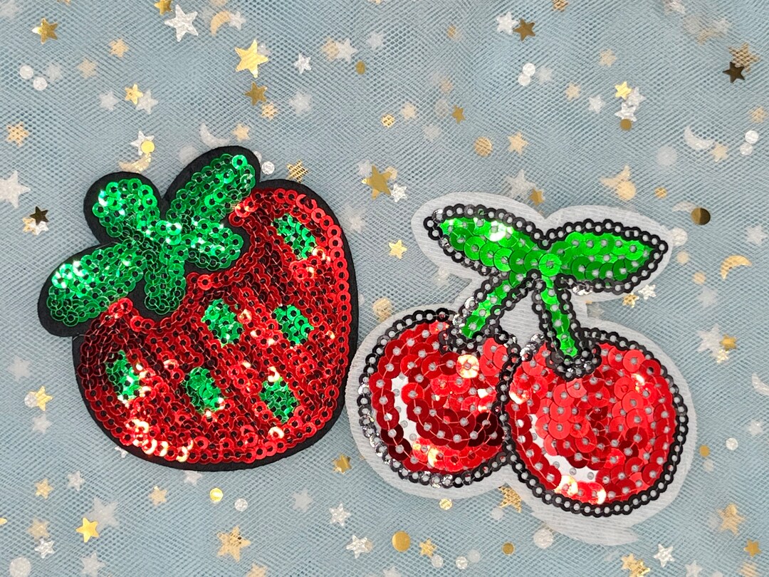 Cute Red Strawberry & Cherry Embroidery Fruit Heat Press Applique Patch ...