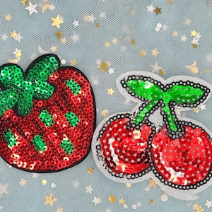 Cute Red Strawberry & Cherry Embroidery Fruit Heat Press Applique Patch Crest Strawberry ...