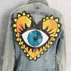 Large Sequined Evil Eye Embroidery Sew on Applique, Sequin Heart Wall Art , Runway Inspired Eye ...
