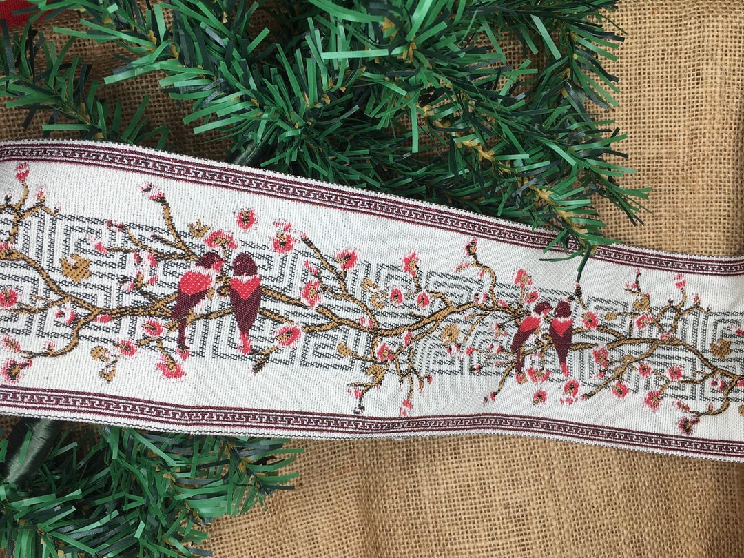 Red Greek Key/birds/cherry Blossom Home Decorating Jacquard Flat Border ...