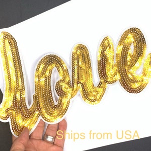 Gold LOVE Sequin Embroidered Patch: DIY Craft Applique (10-1/3" X 6-3/4 ...