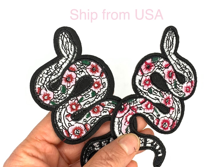 1 Pair Embroidered Floral Snakes Iron-on Patch, Small White Snake Adorned With Pink Flowers ...