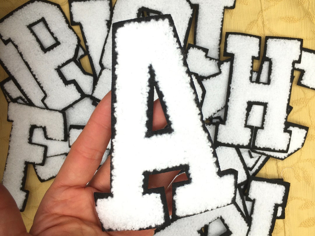 Chenille Varsity Letter Patch: White & Black, 4-5/8" Iron-on Applique ...