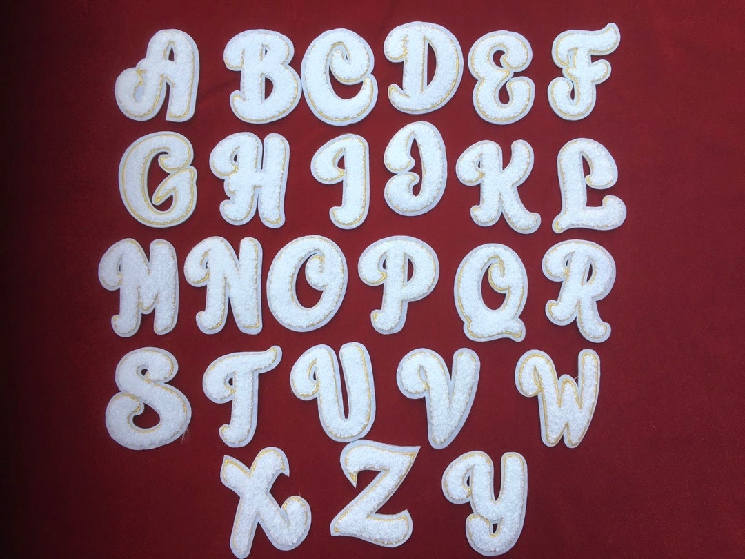 Cursive Letter Patches 2-3/4" White/gold Elegant Chenille Personalized ...