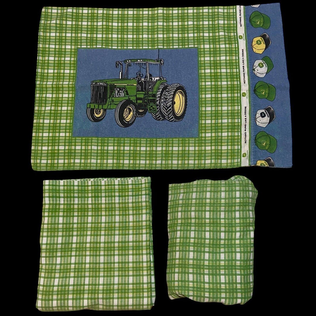 Vintage John Deere Twin Bed Sheets 3 Pc Fitted Flat Pillow Case Plaid ...