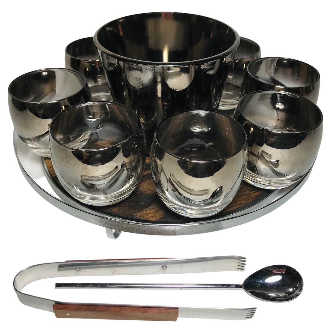 Vintage Mid Century Silver Fade Bar Set 8 Roly Poly Glasses Ice Bucket ...