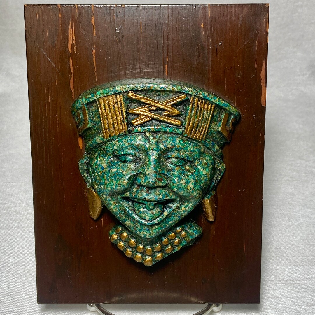 Vintage Mayan Aztec Face Wall Plaque Mexican Folk Art Crushed Malachite ...