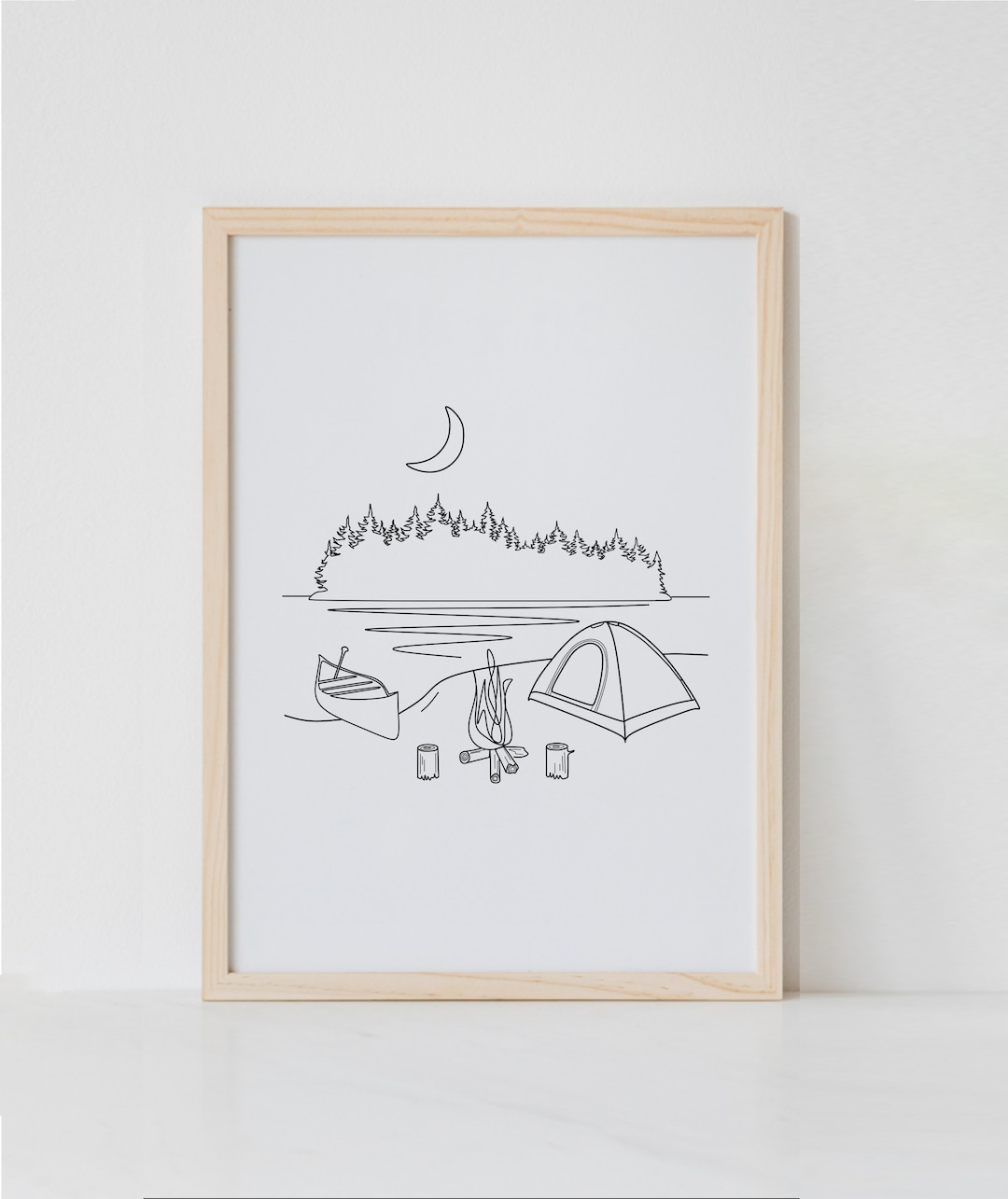 Camping by a Lake Line Drawing, Campfire Art Print, Canoe Digital Print ...