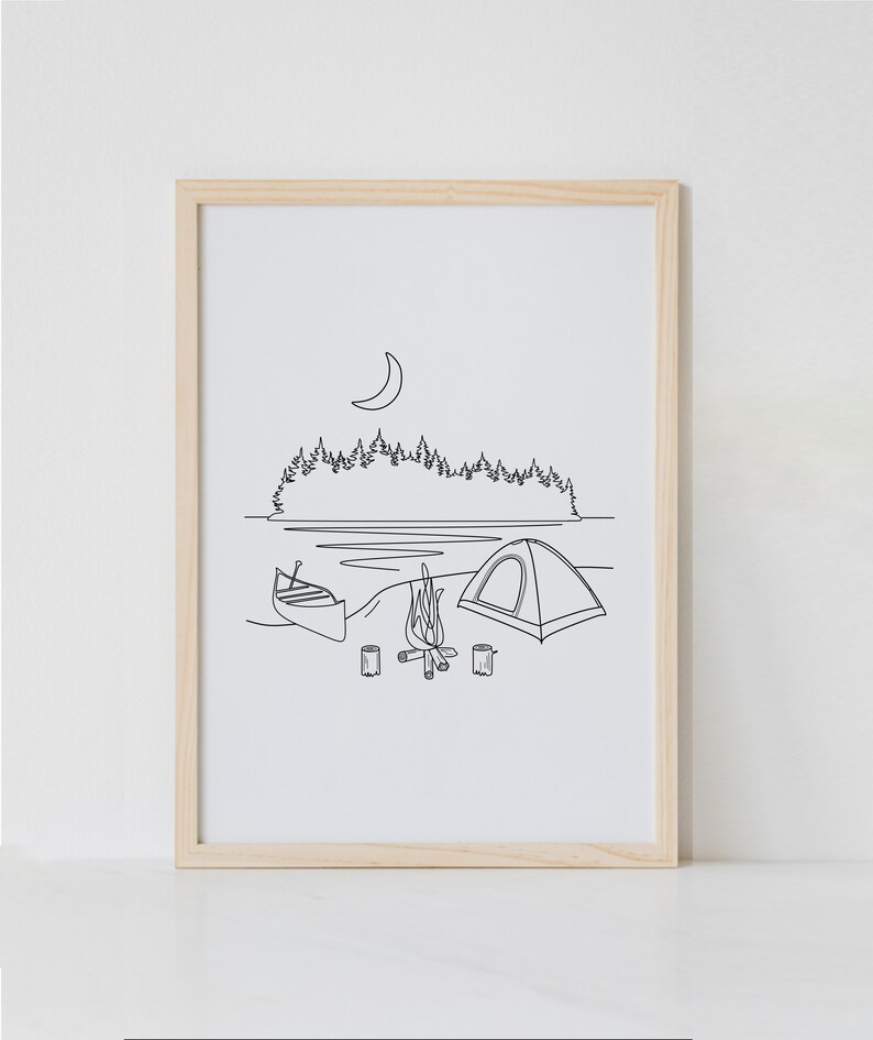 Camping by a Lake Line Drawing, Campfire Art Print, Canoe Digital Print ...