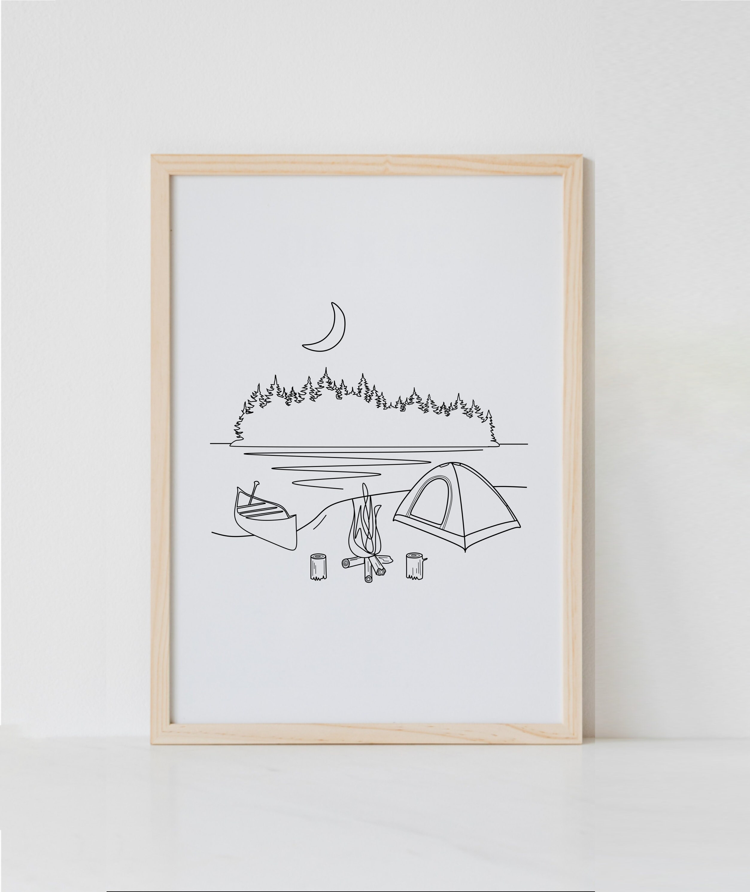 Camping by a Lake Line Drawing, Campfire Art Print, Canoe Digital Print ...