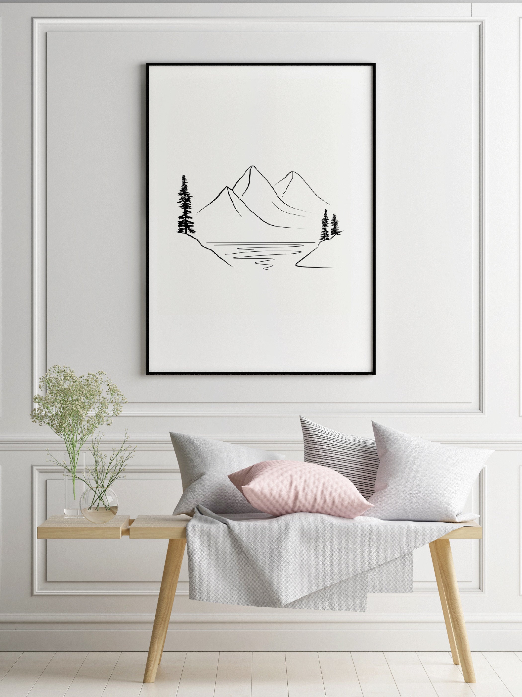 Mountain Lake Line Art Wilderness Art Print Minimalist Line - Etsy