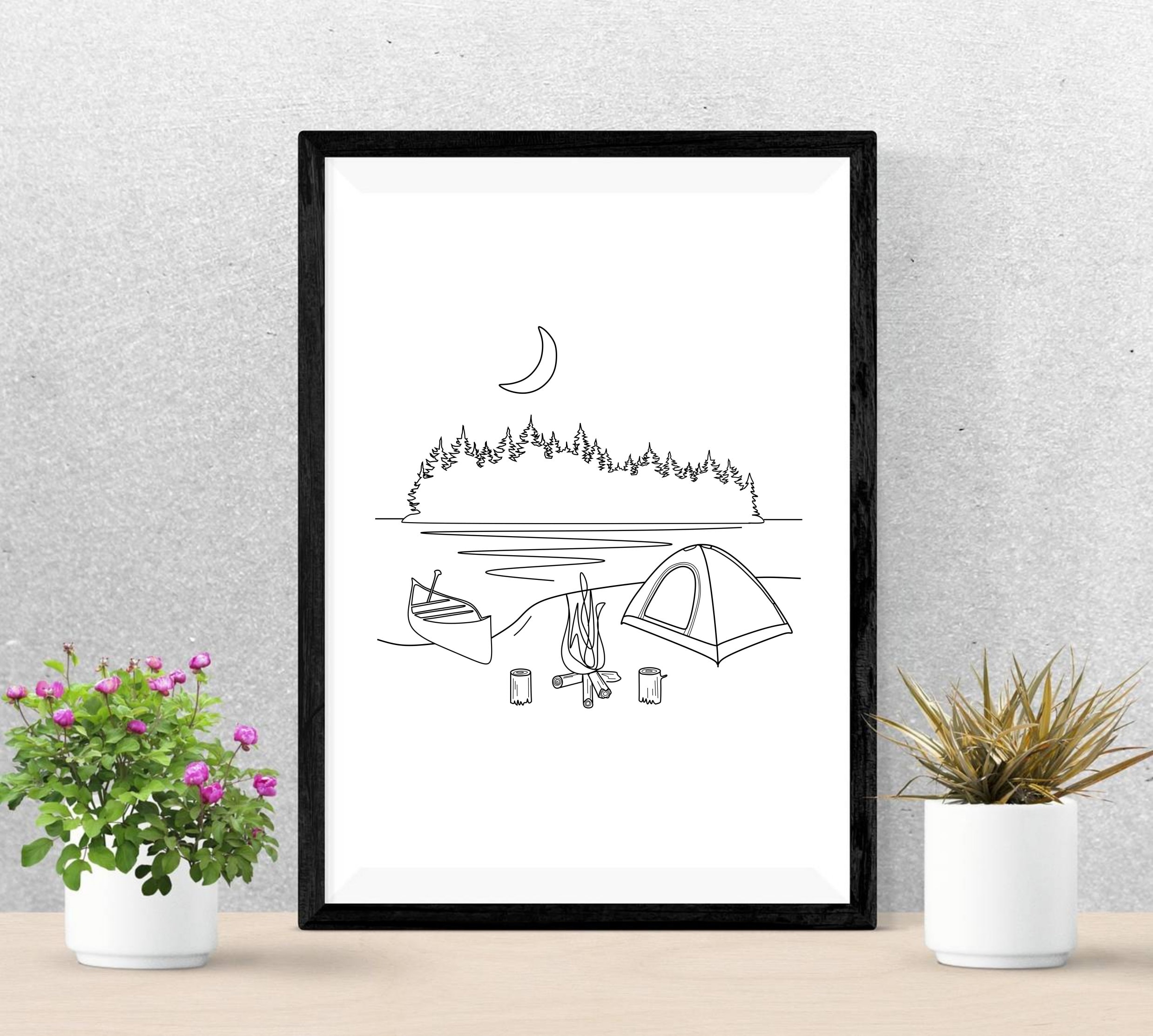 Camping by a Lake Line Drawing, Campfire Art Print, Canoe Digital Print ...